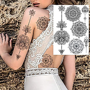 6 Sheets FANRUI Black Henna Temporary Tattoos For Women Lace Mehndi Mandala Flower Tatoos Ink Large Waterproof Lotus Fake Jewelry Pendant Butterfly Tattoo Stickers Kit Wedding Dreamcatcher Feather