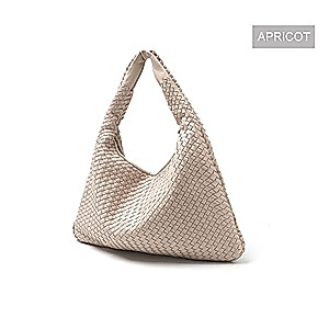 Women's Leather Woven Tote Handbag,Handmade Large Capacity Shoulder Bags Travel Bag Shopper Bag Hobo Bag (Apricot)