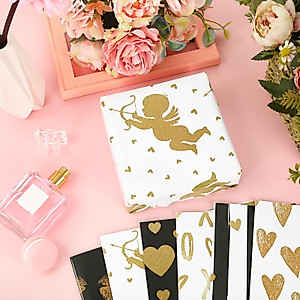 Whaline 12 Sheet Valentine's Day Wrapping Paper Black Gold White Heart Lip Print Wrapping Paper Love XoXo Art Paper for Wedding Anniversary Baby Shower Birthday Gift Packing, 20 x 28 Inch