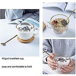 KKGUD Set of 2 Glass Teacups with Gold Rim, Oatmeal Cups, Yogurt Bowls with Spoons (Simple Design, 16oz)