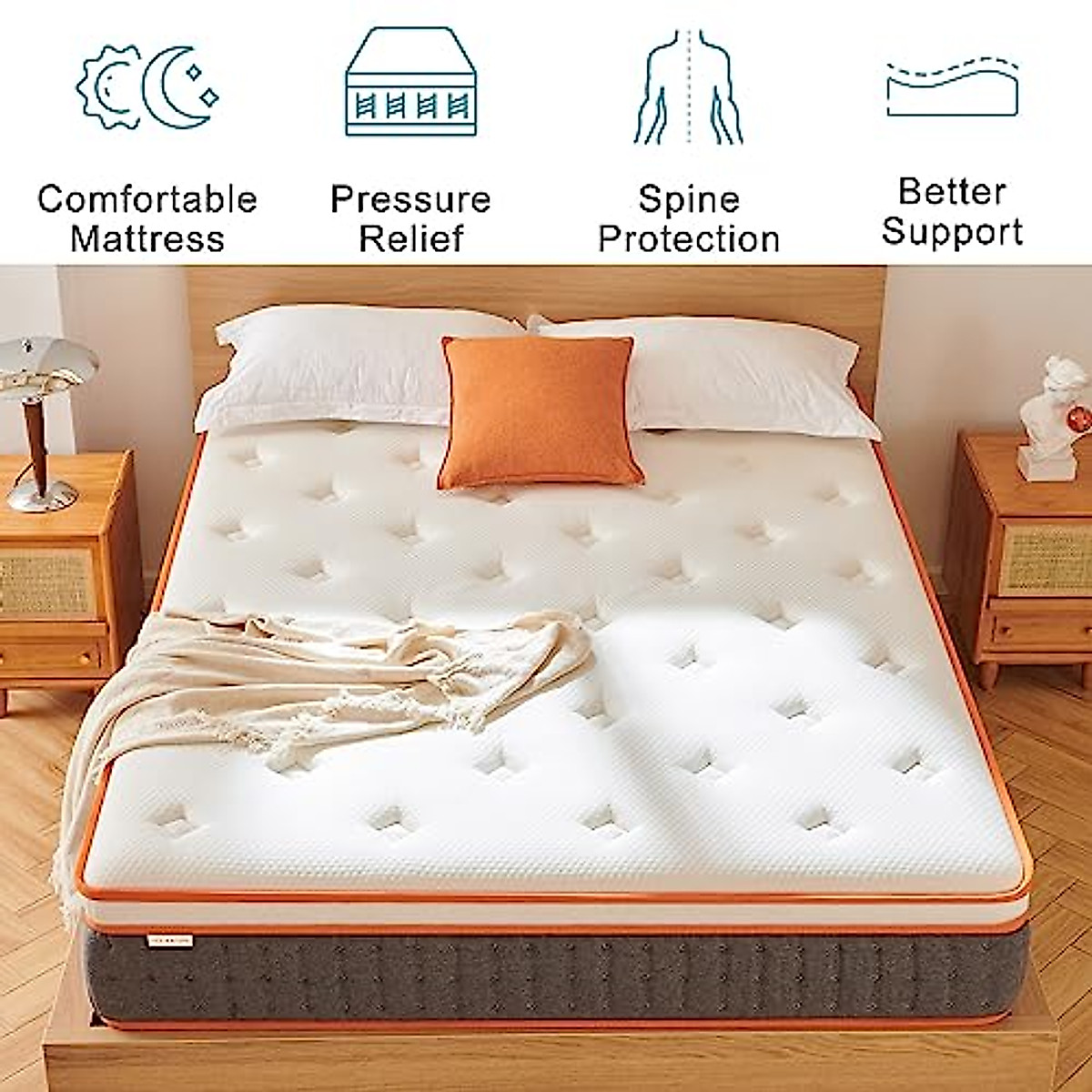 IYEE NATURE Full Size Mattress, 10 Inch Innerspring Hybrid Mattress in a Box,Individually Pocket Coils for Motion Isolation,Full Bed with Cooling Cover,Full Mattress,Medium Firm,Orange