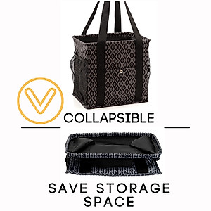 Pursetti Small Utility Tote Bag for Women with 4 Exterior Pockets - Perfect as Lunch Tote, Reusable Grocery Bags, Shopping Bags, Work Bag, Teacher Bag, and Nurse Bag (Black Trellis)