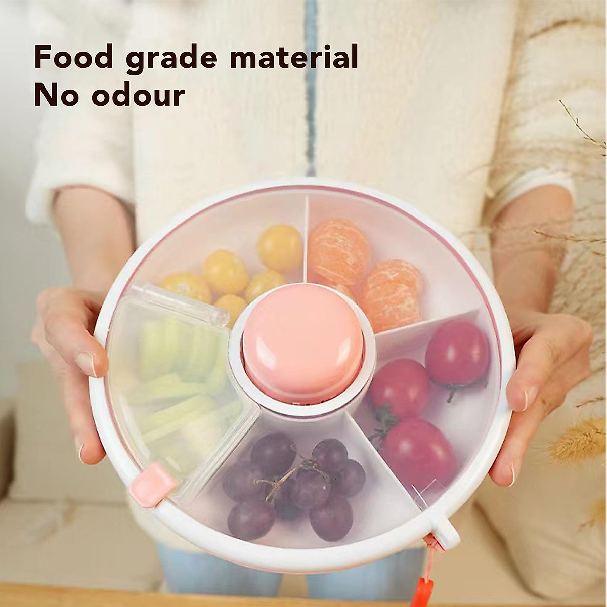 Snack Rotating Divider, Pinkish Fruit Spinner Organizer with Lid, Portable Livmo Snack Tray for Home Office Kids Lunch