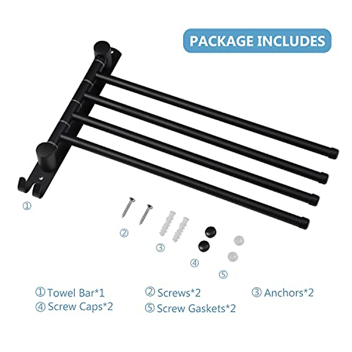 Black Towel Rack JSVER Swivel Towel Rack Wall Mounted, SUS304 Stainless Steel Towel Bar, Space Saving Towel Holder, Towel Racks for Bathroom