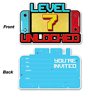 20 Video Game 7th Birthday Party Invitations with Envelopes Double Sided Video Game Console Shaped Fill-in Invitations Invites for 7 Year Old