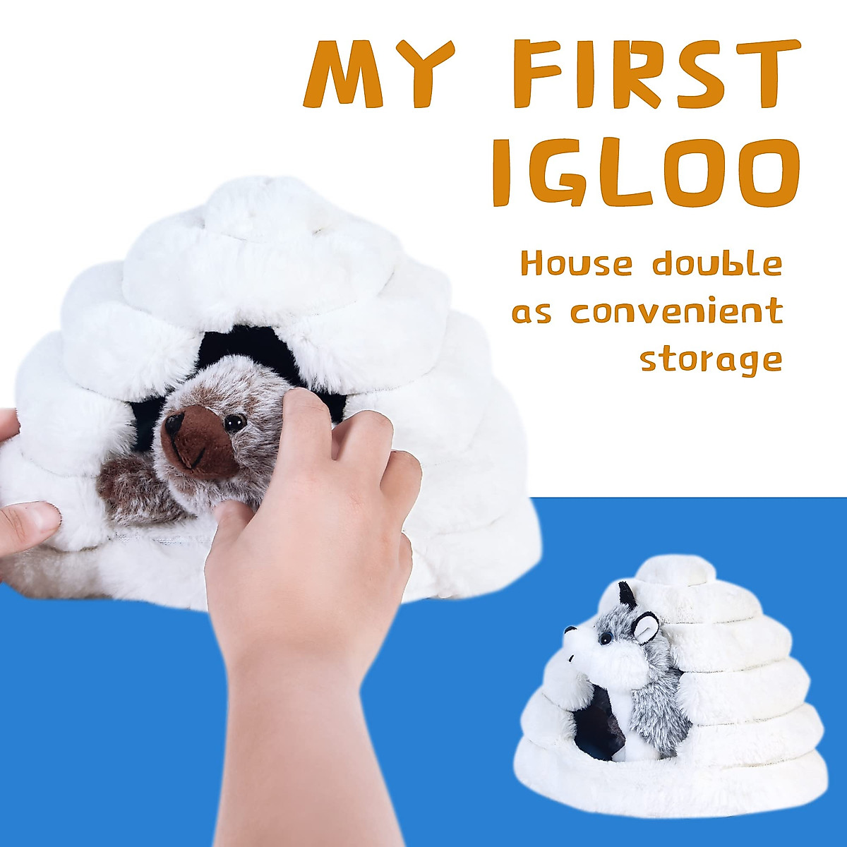 Nleio Stuffed Animals Set, 5 Piece Baby Stuffed Animals with Plush Igloo, Including Seal/Husky/Polar Bear/Penguin Stuffed Animal, Plush Toys Set Ideal Gift for Kids Babies Toddlers