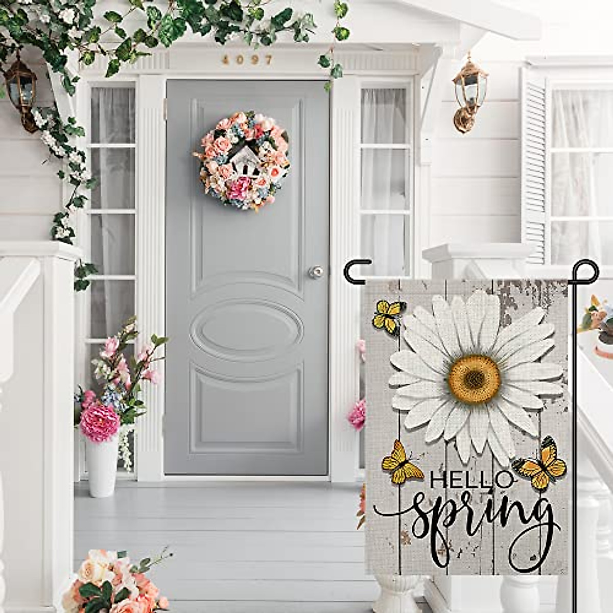 Hello Spring Flower Garden Flag 12x18 Inch Double Sided Burlap Outside, Seasonal Floral Sign Yard Outdoor Small Flags DF237