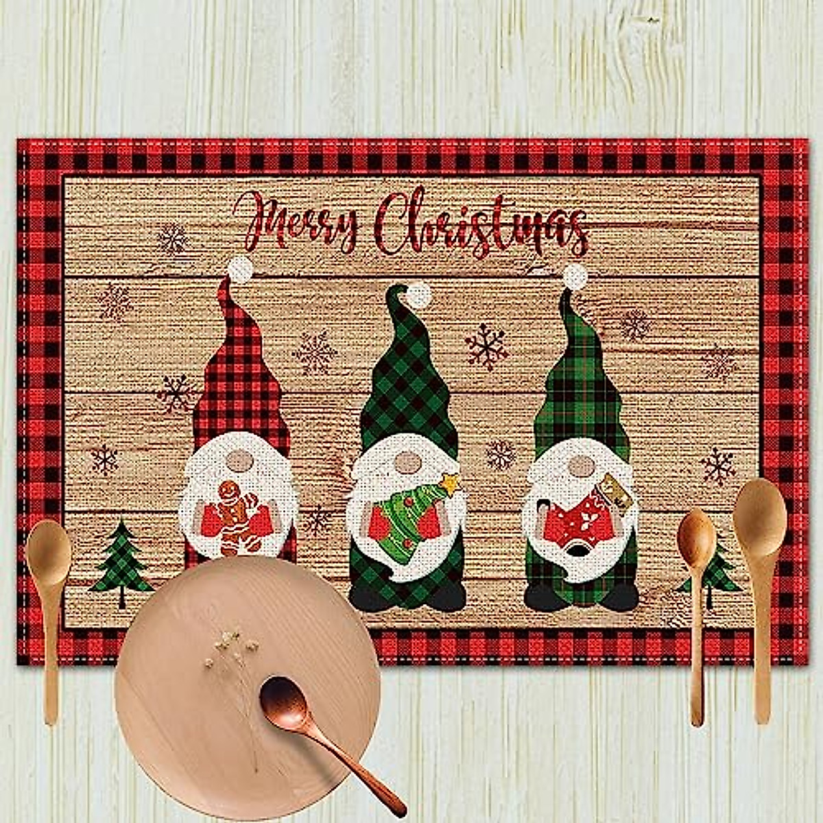 Red and Green Buffalo Plaid Santa Claus, Truck, Snowman Merry Christmas Placemats Set of 6, 12x18 Inch Winter Table Mats for Party Kitchen Dining Decoration (A)
