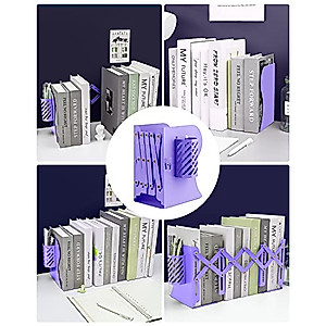 MSDADA Adjustable Bookends, Book Ends for Heavy Books, Expandable Book Organizer with Pen Holder for Desk, Shelf, Office, for 6 7 8 9-15 Boys and Girls, Extends up to 19 inches (Purple)