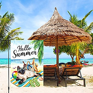 Louise Maelys Hello Summer Garden Flags 12x18 Double Sided, Burlap Welcome Summer Beach Cat Garden Yard House Flag Banner Vertical for Outside Seasonal Outdoor Decoration (ONLY FLAG)