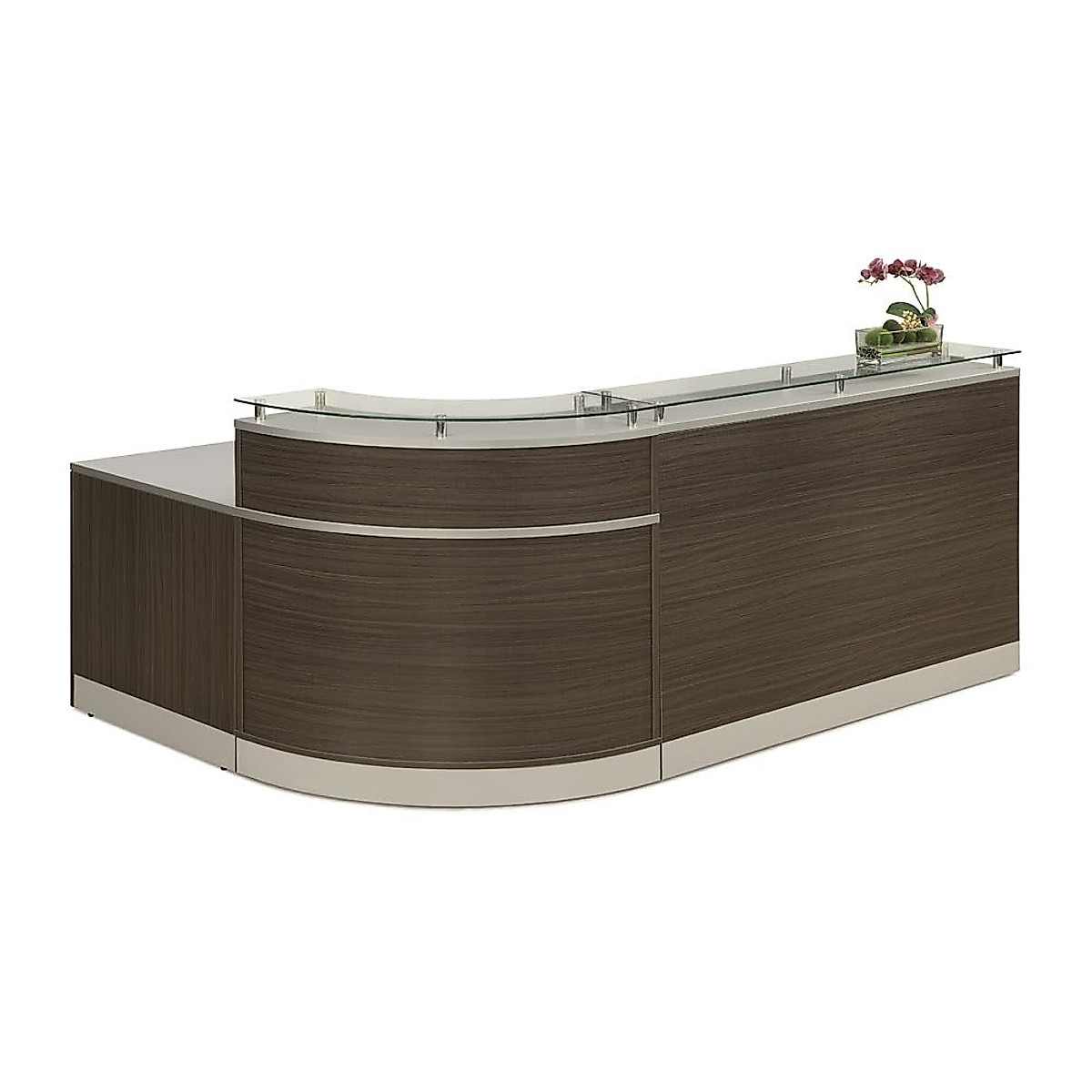 NBF Modern Reception Desk with Counter, Front Desk, Retail Checkout Counter, L Shaped, Office, Lobby, Salon, Store, Curved, 79" W x 63" D, Driftwood