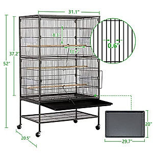 Jhsomdr Bird Cage 52 Inch Standing Wrought Iron Large Parrot Cage for Cockatiels African Grey Quaker Parrotlet Green Cheek Indian Ring Neck Pigeons Parakeets Flight Cage with Rolling Stand