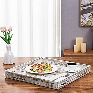 MyGift Whitewashed Wood Large Serving Tray with Handles, 19 Inch Square Decorative Tray for Ottoman, Breakfast, Tea, Coffee Table