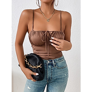 SOLY HUX Women's Sexy Ruched Bust Tie Knot Front Cami Top Sleeveless Backless Slim Fit Camisole Solid Brown L