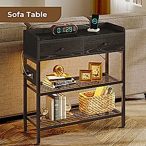 Rolanstar Entryway Table with Drawers,31.5” Entry Hallway Table with Charging Station Metal Storage Shelves,3-Tier Console Sofa Table Entry Stand with LED Lights for Couch, Entrance, Living Room