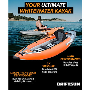 Driftsun Rover 120 Inflatable Kayak - 1 Person Adult White Water Single Rider Foldable Kayak Canoe Set with Padded Seat, Aluminium Paddle, Action Cam Mount, Pump, High Pressure Floor & Travel Bag