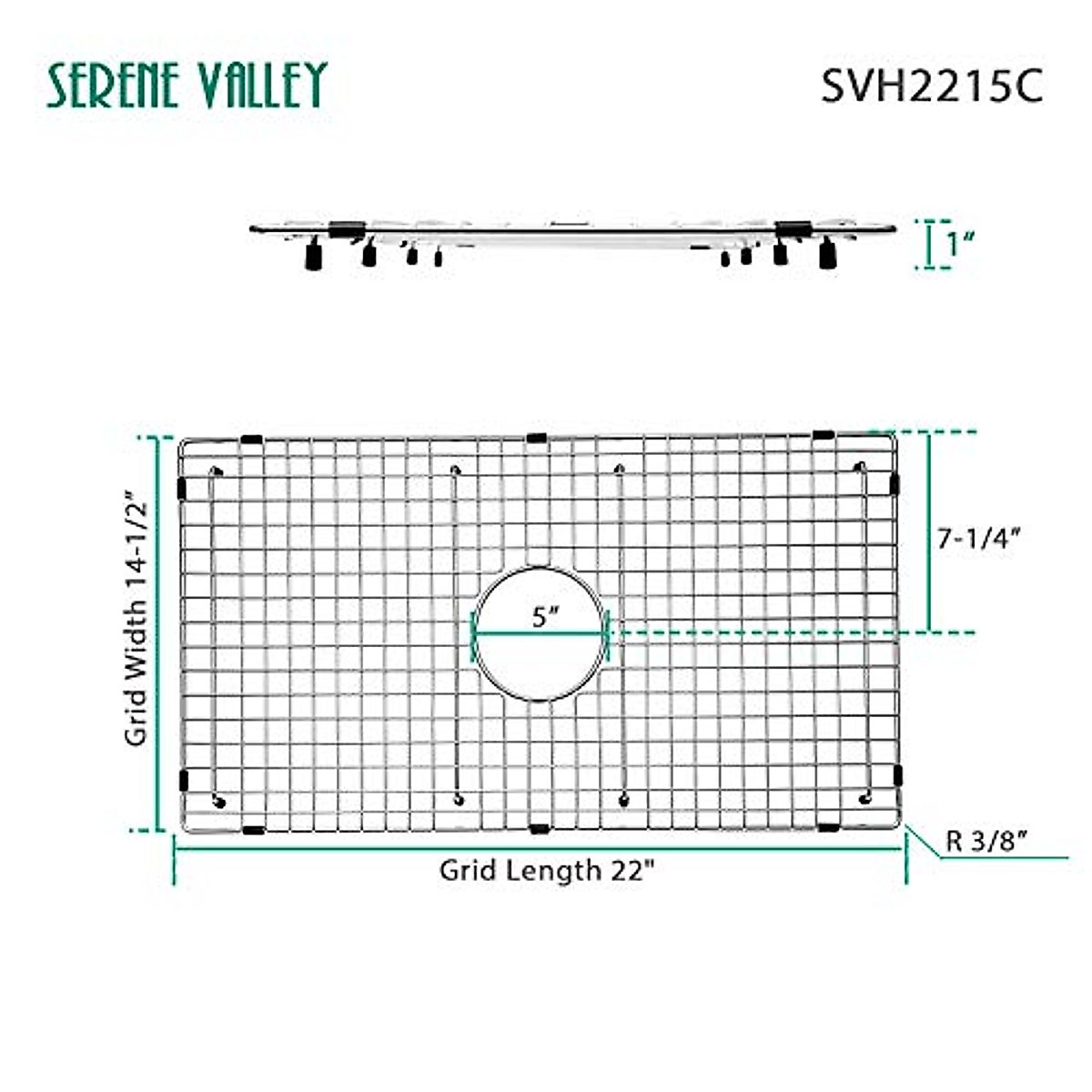 Serene Valley Sink Bottom Grid 22" X 14-1/2", Centered Drain with Corner Radius 3/8", Sink Protector SVH2215C