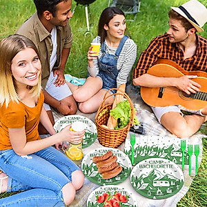 100 PCS Camp Bachelorette Party Supplies Tableware Set Mountain Camp Bachelorette Party Decorations Favors Paper Plates Napkins Forks for Girls Bridal Shower Wedding Engagement Serves 25 Guests