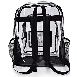 Masirs Heavy Duty Clear Backpack, Stadium Approved Transparent Design, Quick Access at Security Checkpoints, Adjustable Shoulder Straps, Dual Zippered Compartments & Mesh Side Pockets, (16"H x 11"W)