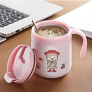H-Jia 12oz Cute Coffee Mug with Handle, Double Wall Vacuum Insulated Stainless Steel Travel Mug with Lid (Pink)