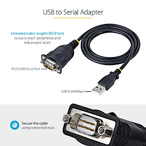 StarTech.com 3ft (1m) USB to Serial Cable, DB9 Male RS232 to USB Converter, Prolific IC, USB to Serial Adapter for PLC/Printer/Scanner/Switch, USB to COM Port Adapter, Windows/Mac (1P3FP-USB-SERIAL)