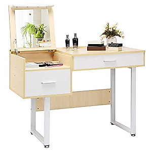 CHARMAID Makeup Table Writing Desk with Flip Top Mirror, Vanity Table with 5 Storage Compartments, Dressing Table Computer Laptop Desk with 2 Large Drawers for Students Girls Women