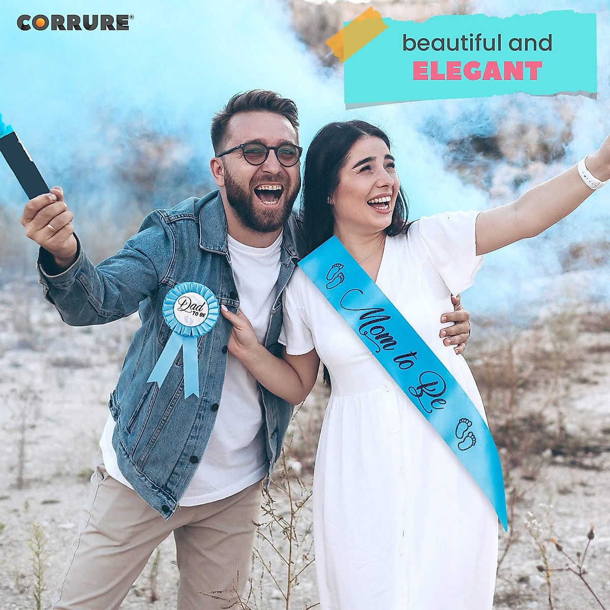CORRURE Baby Shower Sash and Button Pin for Boy - 'Mom to Be' Sash and 'Dad to Be' Pin with Beautiful Blue Ribbon and Black Glitter Text - Ideal Mom and Dad Gift for Gender Reveal/Baby Shower