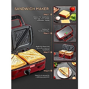 FOHERE Waffle Maker 3 in 1 Sandwich Maker 1200W Panini Press With Removable Plates and 5-gear Temperature Control, Non-stick Coating Easy to Clean,Indicator Lights, Red