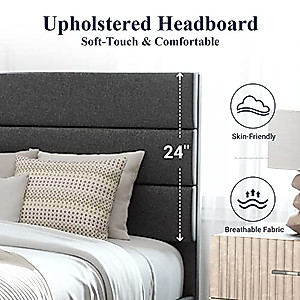 Allewie Queen Size Platform Bed Frame with Fabric Upholstered Headboard and Wooden Slats Support, Fully Upholstered Mattress Foundation/No Box Spring Needed/Easy Assembly, Dark Grey