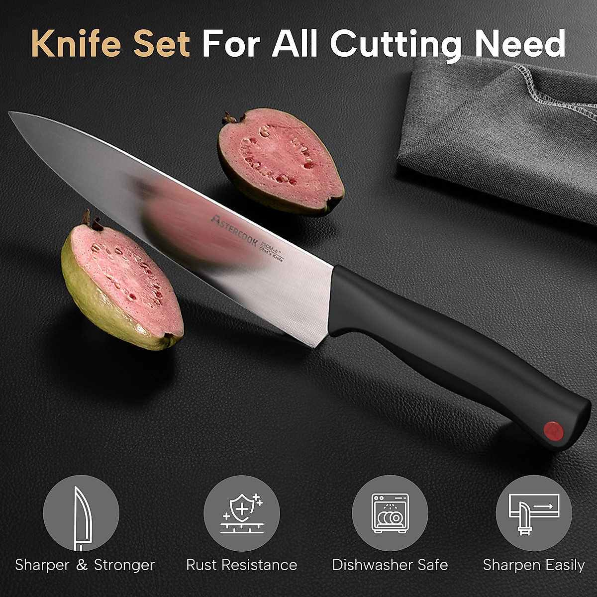 Astercook Knife Set with Built-in Sharpener Block, Dishwasher Safe Kitchen Knife Set with Block, 14 Pcs High Carbon Stainless Steel Block Knife Set with Self Sharpening and 6 Steak Knives, Black