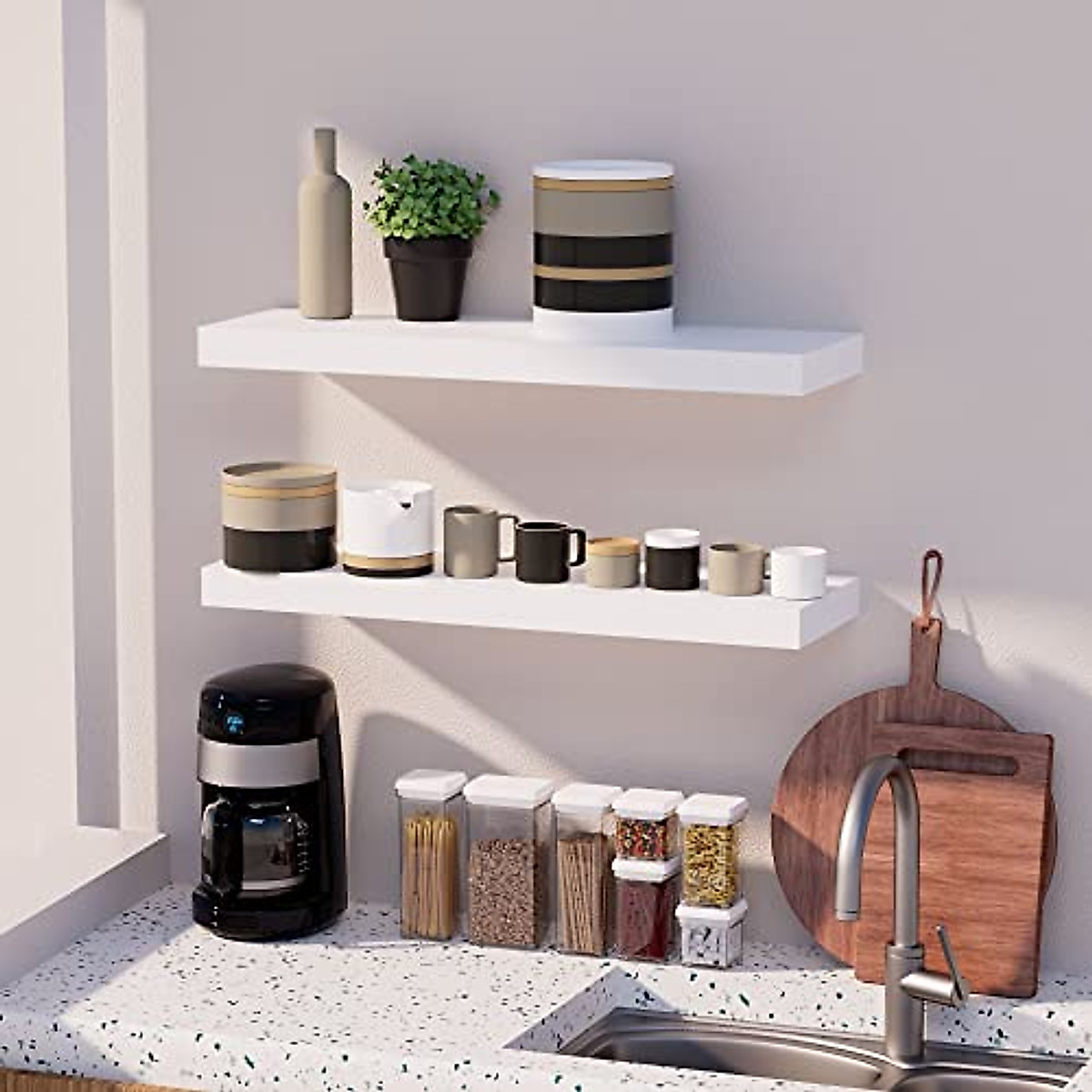 DongRong White Floating Shelves Large Wall Mounted Decor Display Shelf Set of 2 for Bedroom, Bathroom, Living Room, Kitchen