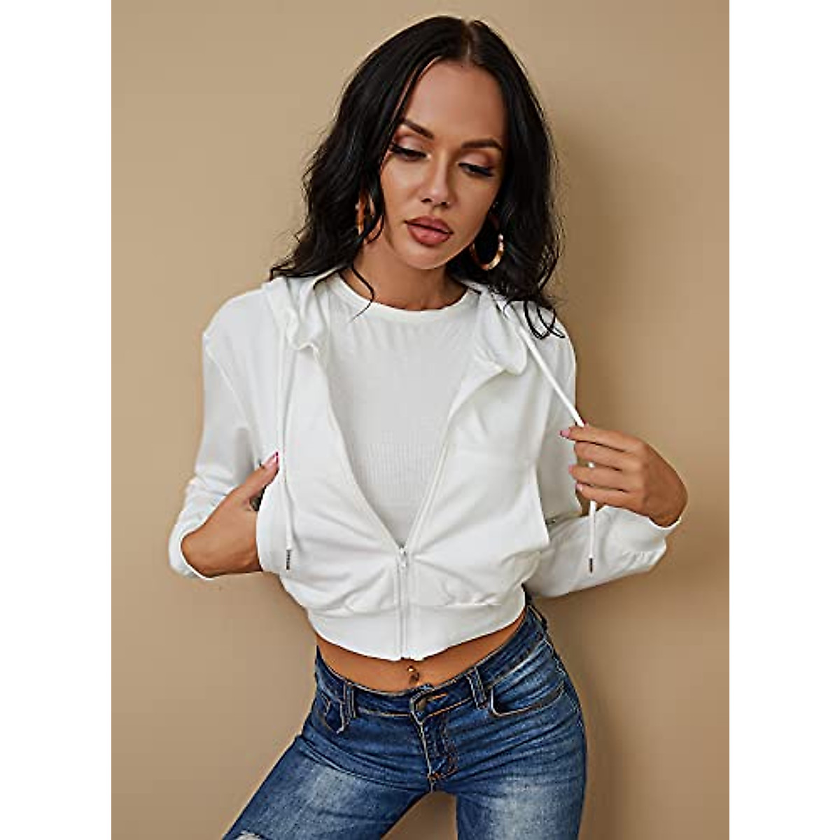 milanpavilion Women's Zip Up Hoodies White Cropped Cardigan Jacket Drawstring Hooded Sweatshirts Casual Long Sleeve Top