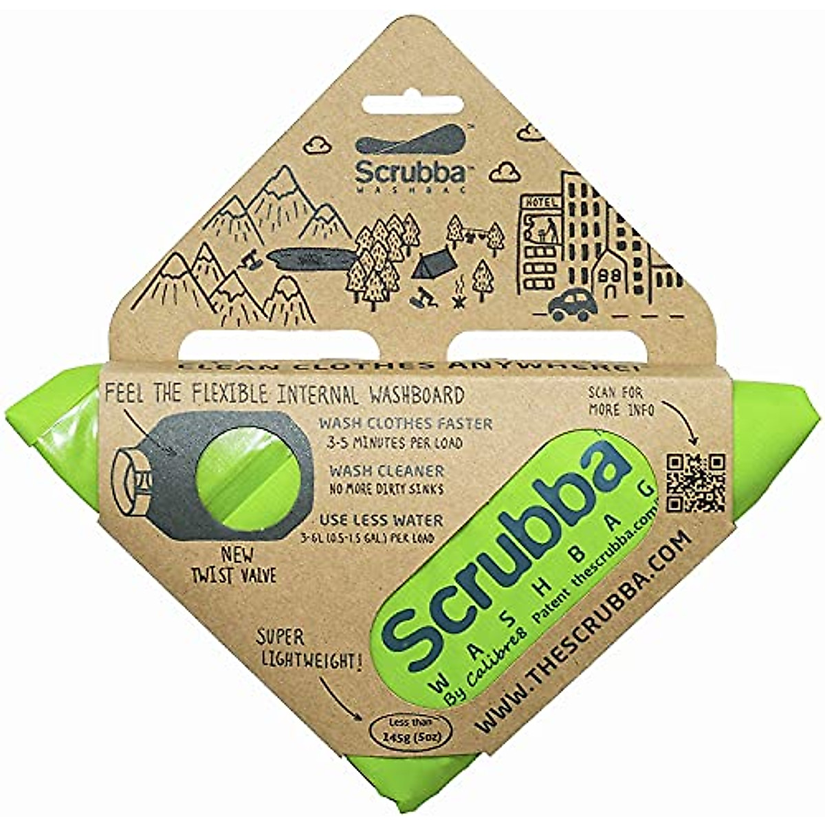 Scrubba Portable Wash Bag – Foldable Hand Washing Machine for Hotel and Travel – Light and Small Eco-friendly Camping Laundry Bag for Washing Clothes Anywhere Green Green 6.3" x 2.4" x 2.4"