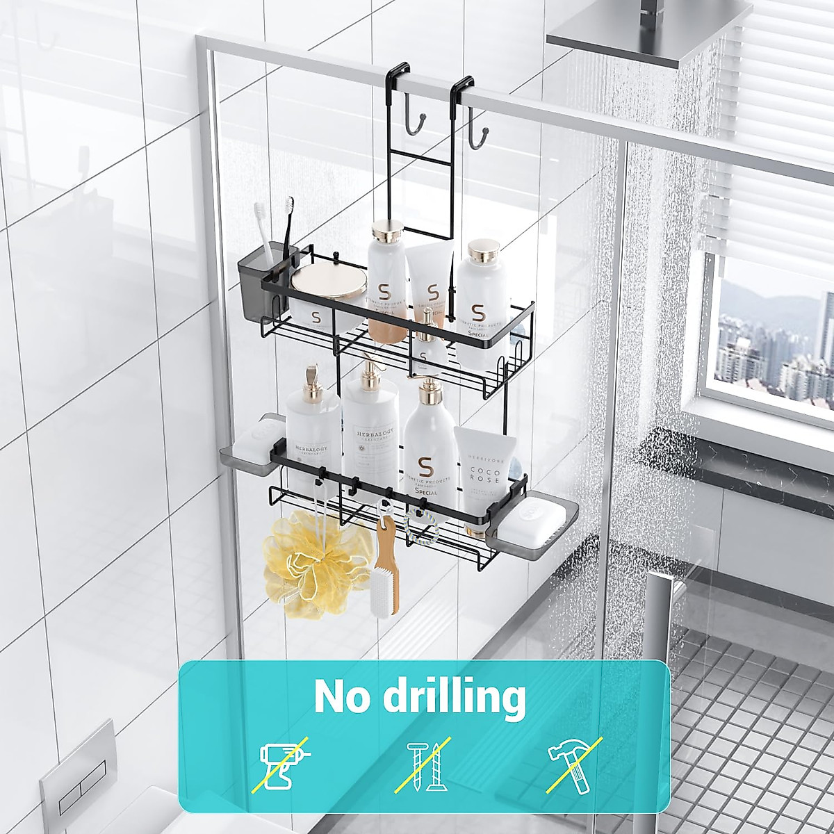 Aitatty Over the Door Shower Caddy Hanging: Black Rustproof Shower Organizer over the Door - No Drilling Bathroom Rack for Inside Shower