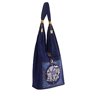 NOVICA Artisan handcrafted cotton handbag shoulder handbags blue royal classic snorkel patterned thailand animal themed elephant ' lucky elephant'