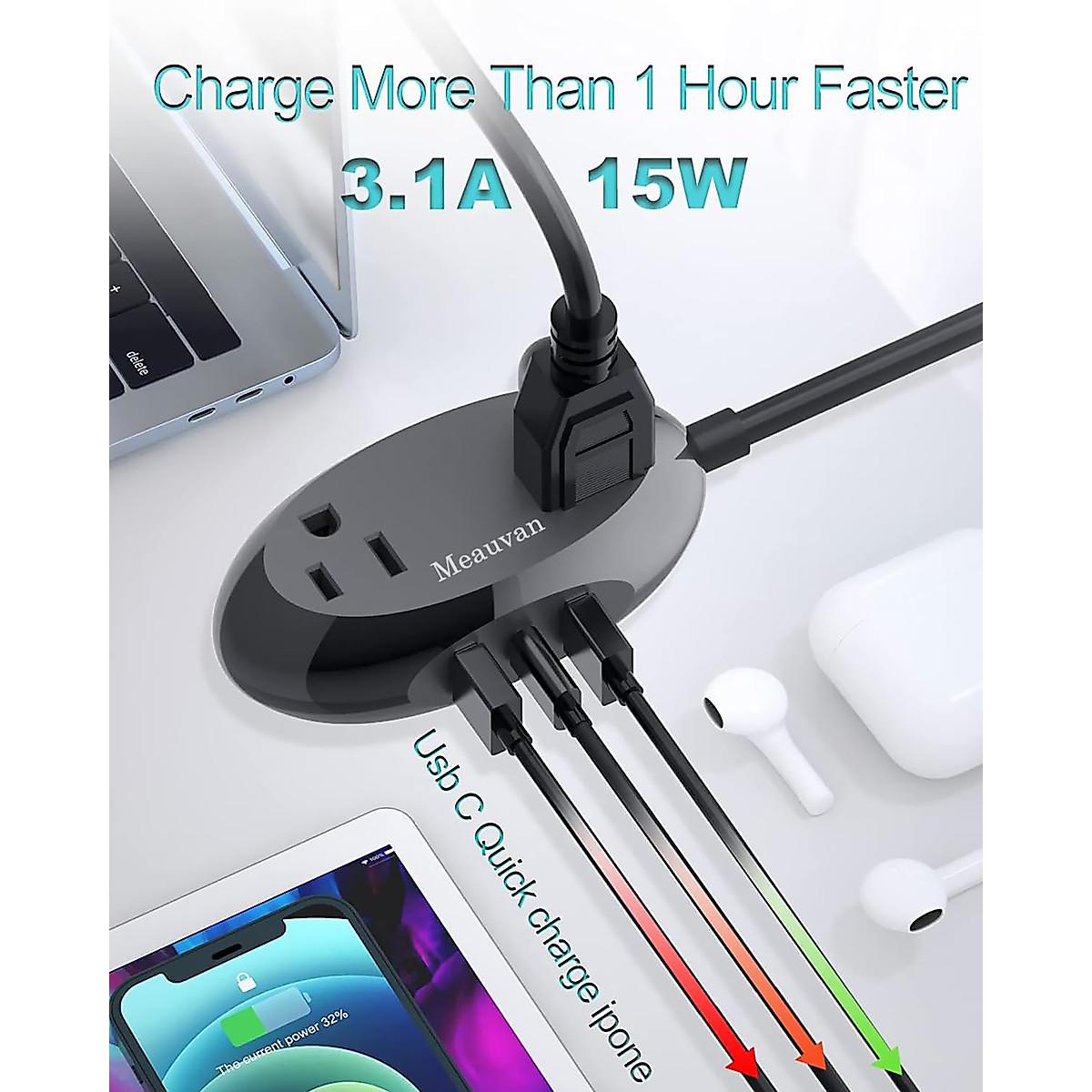 Meauvan Power Strip Surge Protector: 5ft Extension Cord with USB Ports and 2 Outlets, 2 USB A and 1 Type C 5V 3.1A, Flat Plug Power Strip for Nightstand Desktop Home Office