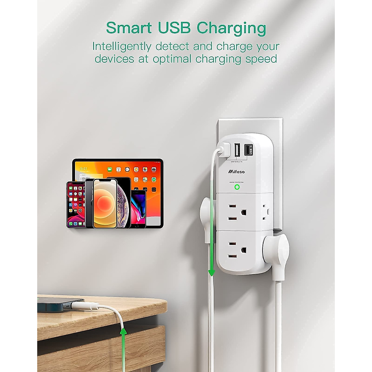 Wall Outlet Extender, Surge Protector with USB Smart Charging