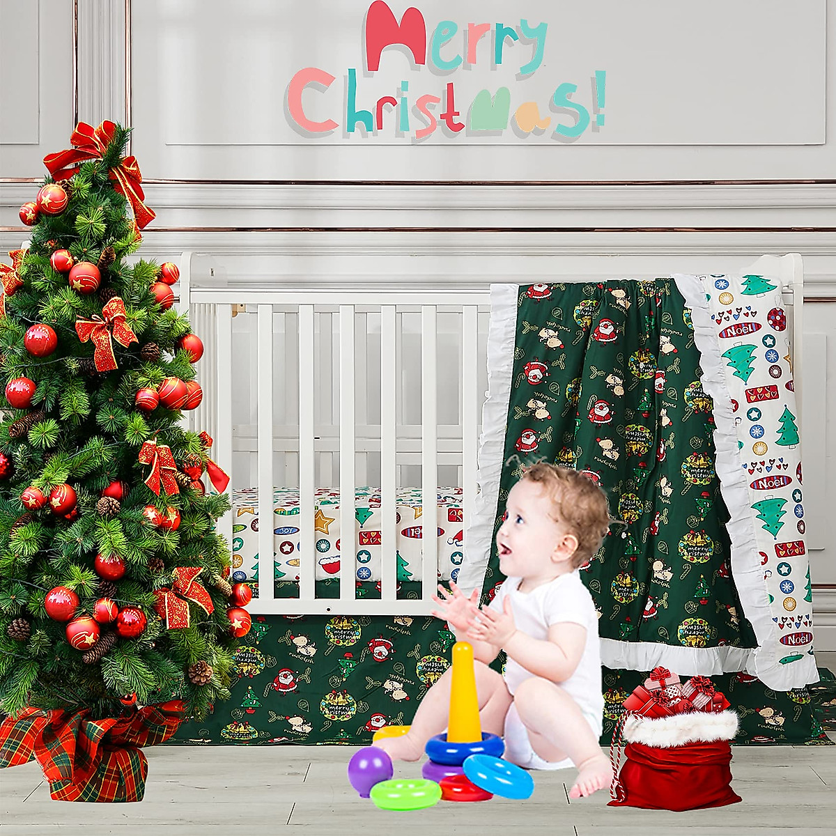 Brandream Christmas Crib Bedding Sets for Girl Boy Nursery Set 3 Pieces 100% Cotton Gender Neutral Baby Bedding | Crib Comforter, Fiited Crib Sheet, Dust Ruffle