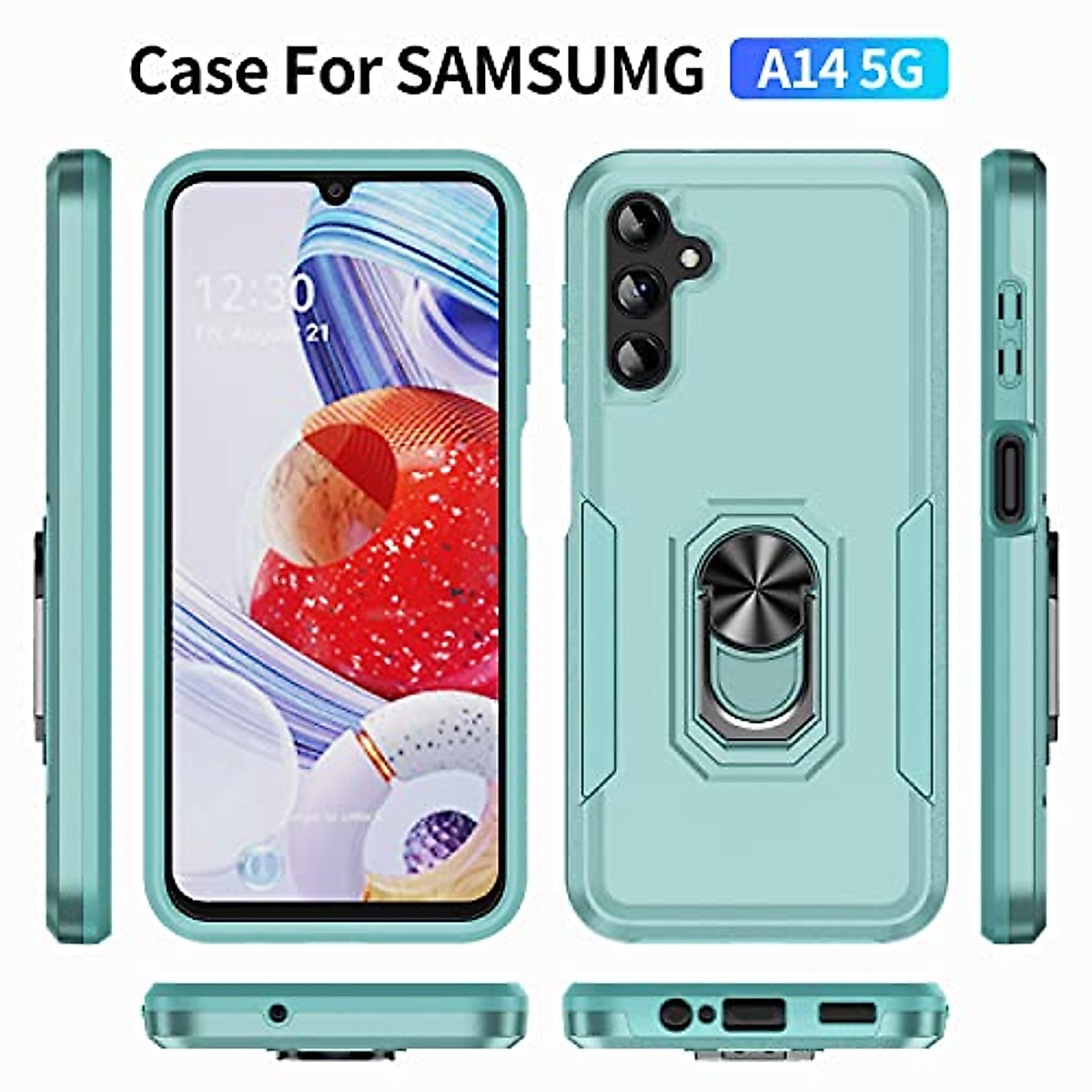 Samsung Galaxy A14 5G Case with Screen Protector, Military Grade Dual Layer Shockproof Heavy Duty Shockproof Full Body Protective Phone Cover, Built in Rotatable Magnetic Ring Holder for A14 (Green)