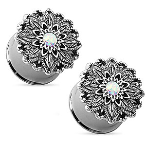 Pierced Owl Antique Silver Plated Stainless Steel Opal Centered Lotus Flower Top Double Flared Plug Gauges, Sold as a Pair (5mm (4GA))