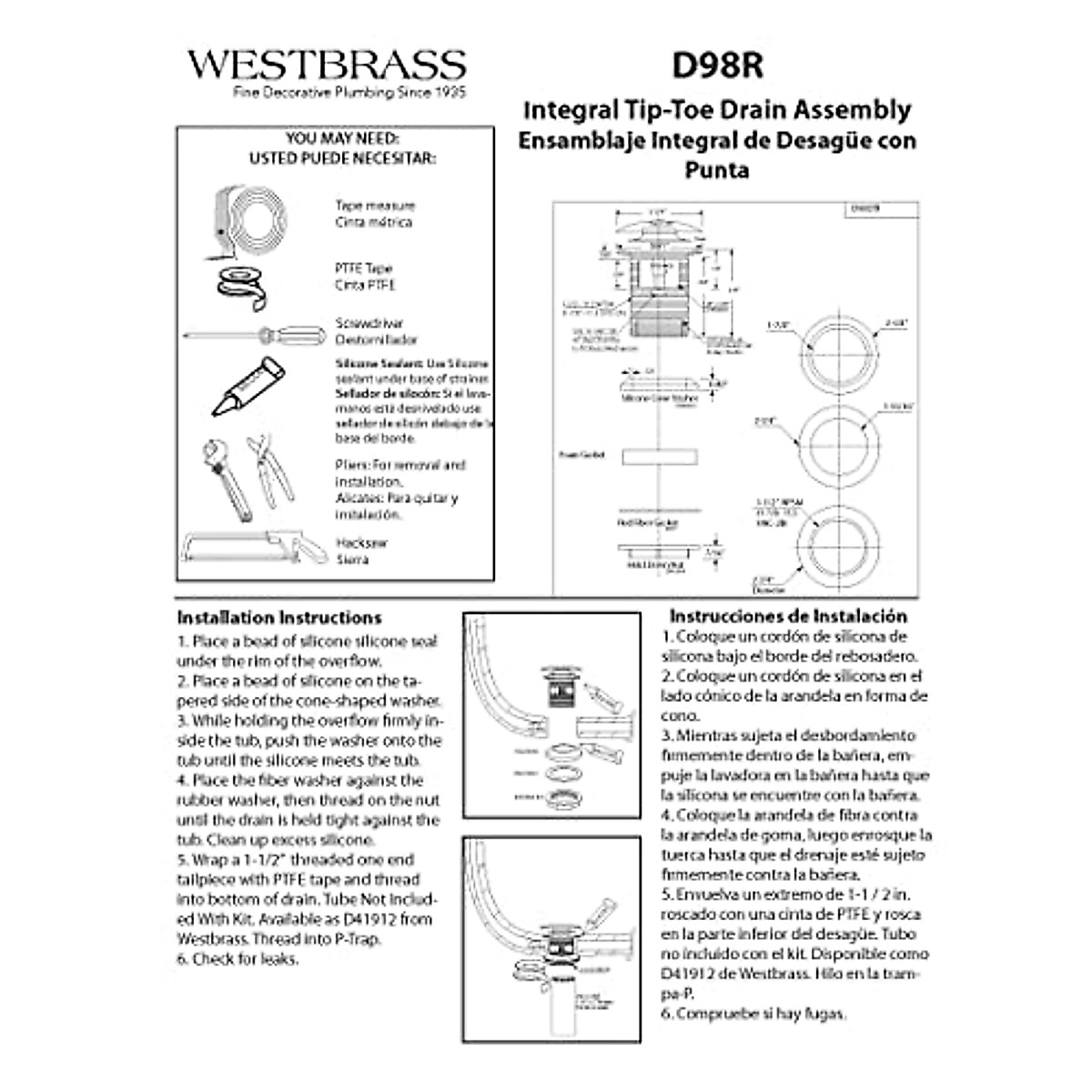 Westbrass 1-1/2" NPSM Coarse Thread Tip-Toe Bathtub Drain, Satin Nickel, D98R-07