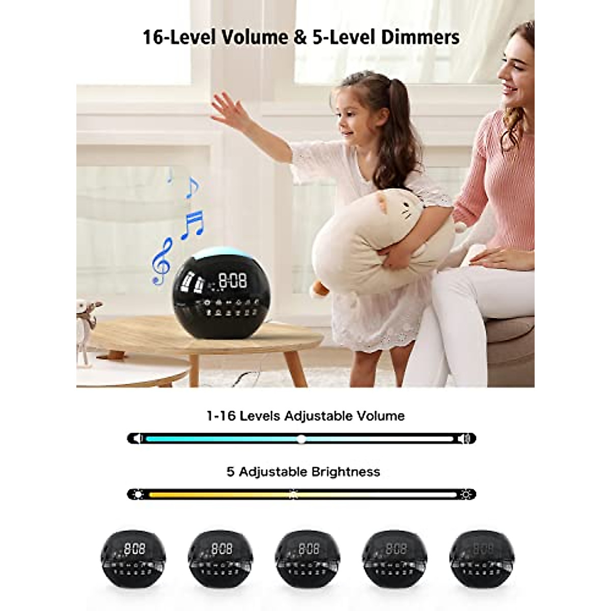 White Noise Machine with 42 Non Looping Natural Sleeping Sounds for Baby Adults,Dual Alarm Clock for Bedrooms with 2 Charger Ports,7 NightLights,6 Timers,9 Alarms,Adjustable Brightness,Memory Function