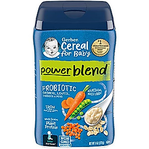 Gerber 2nd Foods Power Blend Cereal For Baby, Probiotic, Oatmeal, Lentil, Carrots & Peas, With Whole Grains & Plant Protein, 8 OZ Canister (Pack of 3)