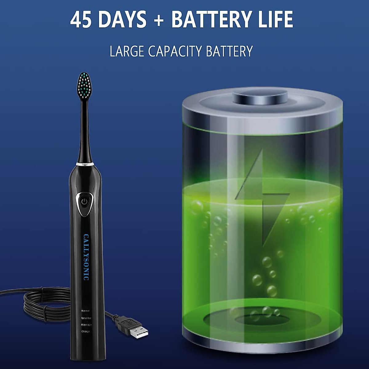 CALLYSONIC Sonic Rechargeable Electric Toothbrush, 48,000VPM Rechargeable Toothbrushes with Normal, Sensitive, Massage Modes, 4 Replacement Brush Heads for Adults Kids - Black