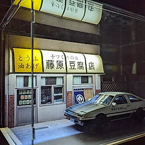 Lonyiabbi 1/32 Scale LED Fujiwara Toufu Store Scene Model Car Acrylic Display Case with AE86 Diecast Car Model JDM Car Model Display Box