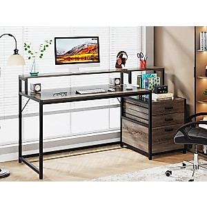 Tribesigns 63 Inch Computer Desk with File Drawer Cabinet, Ergonomic Office Desk with Monitor Stand, Industrial Computer Table with Printer Space, Wood PC Table Workstation Desk for Home Office