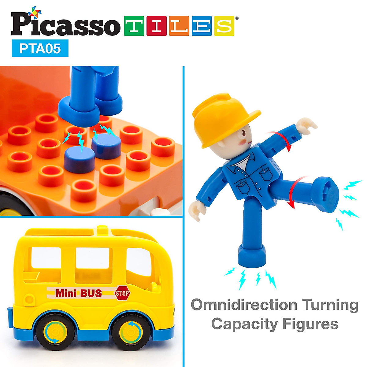 PicassoTiles Magnetic Figures 5 Piece Vehicle and Action Figure Set Including School Bus, Car, Truck and 2 Drivers Magnet Expansion Pack Toddler Toy Kit Pretend Playset for Construction Building Block