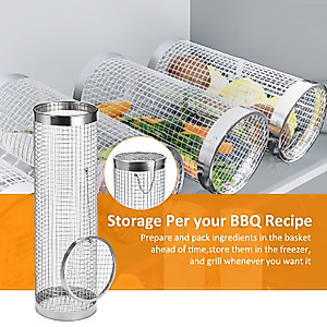 Grill Basket 2 PCS, BBQ Grill Basket, Rolling Grilling Basket, Stainless Steel Grill Mesh Barbeque Grill Accessories, Portable Grill Baskets for Outdoor Grill for Fish, Shrimp, Meat, Vegetables, Fries