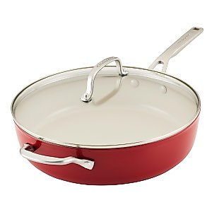 KitchenAid Hard Anodized Ceramic 5-Quart Nonstick Sauté Pan with Shatter-Resistant Lid & Riveted Handle – Durable, Even Heating, Easy Clean, Oven Safe to 500°F, Empire Red