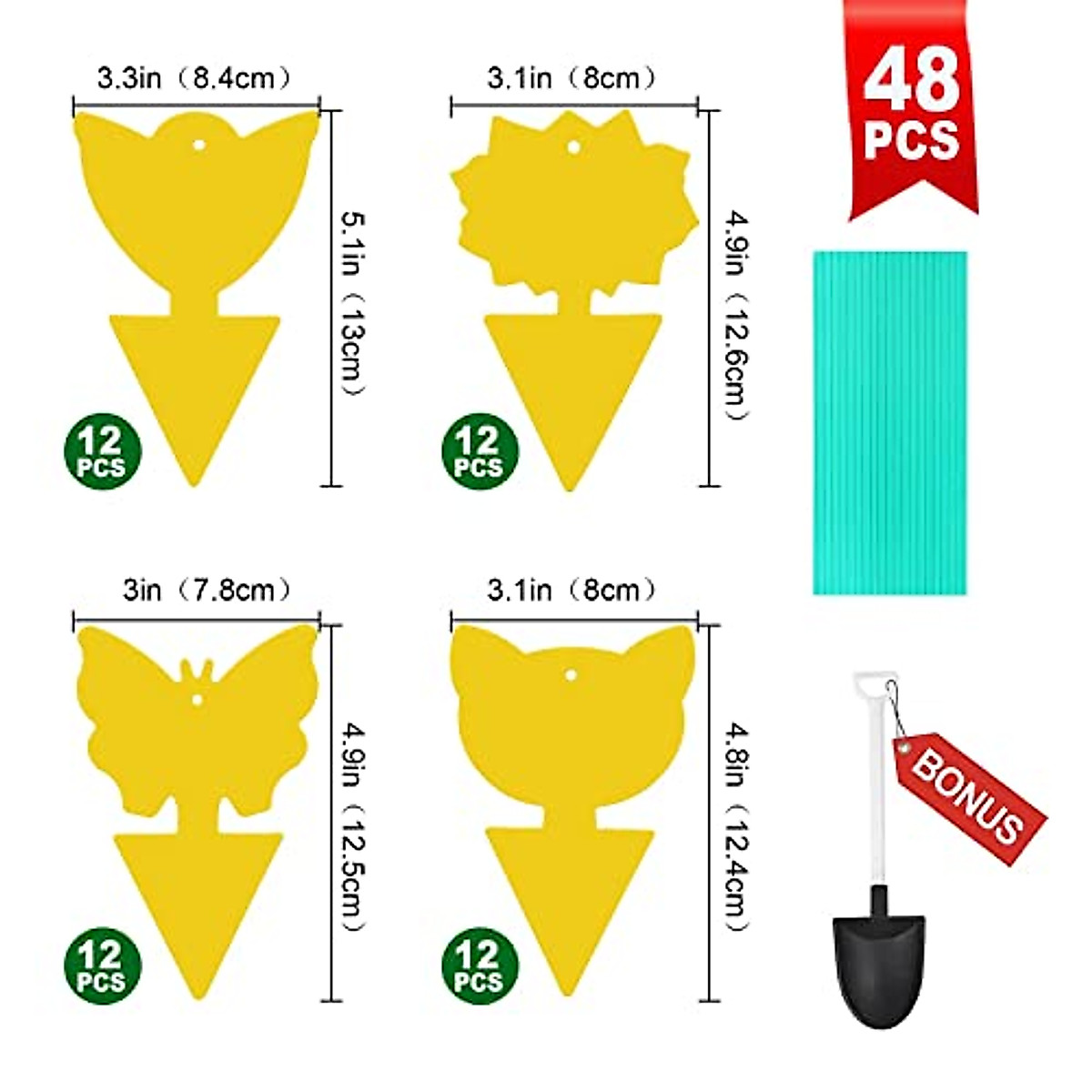 48 Pcs 4 Shapes Yellow Sticky Traps for Fruit Fly, Whitefly, Fungus Gnat, Mosquito and Fly, Sticky Insect Catcher Traps for Indoor/Houseplants/Kitchen, Extremely Sticky, Non-Toxic, Pet & Kid Safe